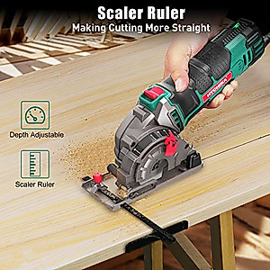 Mini Circular Saw, HYCHIKA Compact Circular Saw Tile Saw with 3 Saw Blades 4A Pure Copper Motor, 3-3/8”4500RPM Ideal for Wood, Soft Metal, Tile and Plastic Cuts, Laser Guide, Scale Ruler