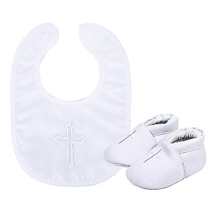 Baby Boys' Premium Soft Sole Cross Christening Baptism Slipper Shoes with Embroidered Cross Bib, 2 Pack 6-12 Months
