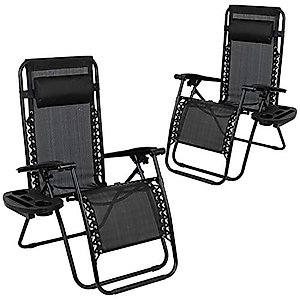 Flash Furniture Celestial Adjustable Folding Mesh Zero Gravity Reclining Lounge Chair with Pillow and Cup Holder Tray in Black, Set of 2