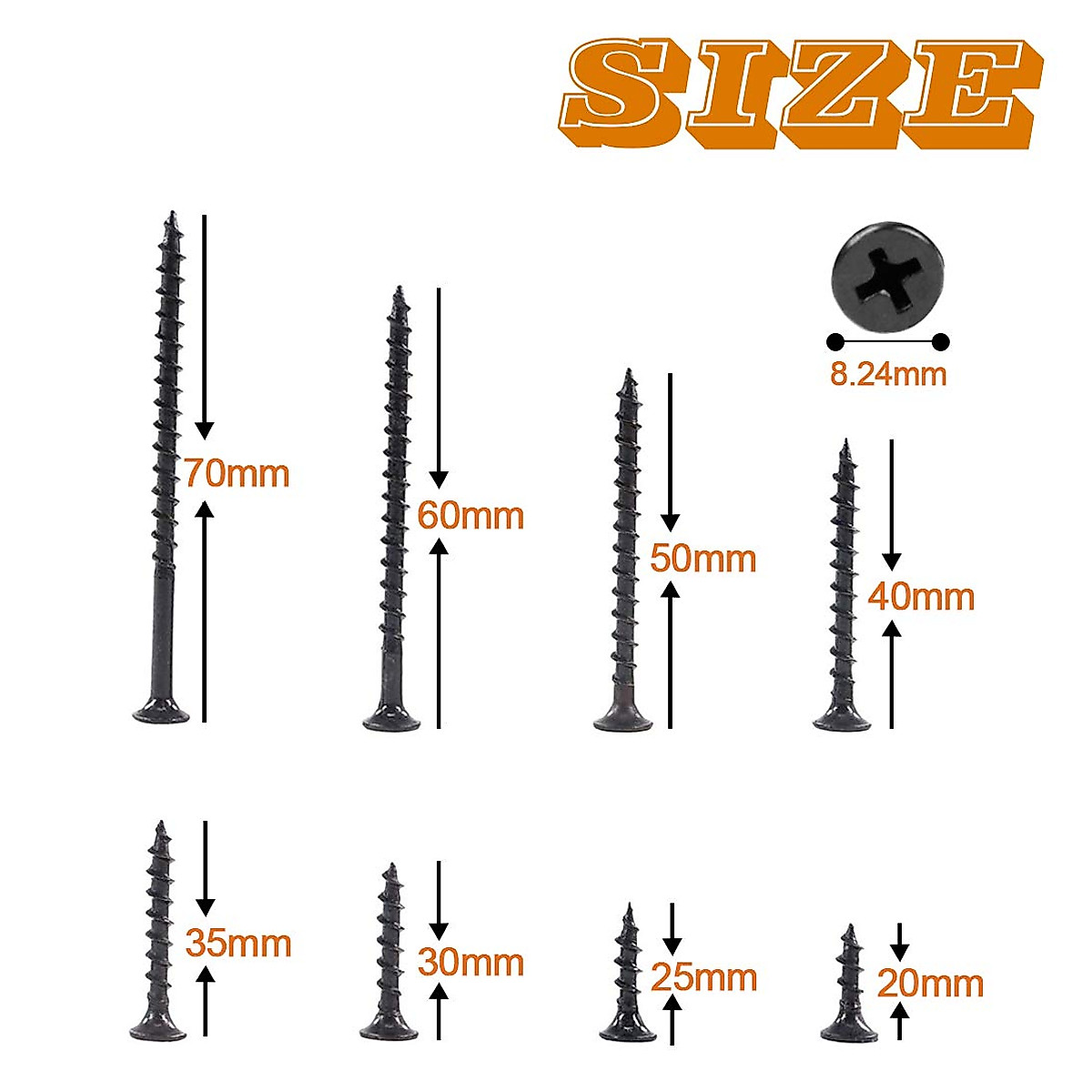 Screws #7 Quality Black Steel Drywall Screws Wood Screws 200Pcs Self Tapping Screws Kit,Screws Assortment Set for Drywall Sheetrock Furniture Cabinet Wood,8 Commonly Used Sizes