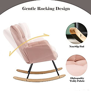 Nursery Rocking Chair for Baby, Indoor Velvet Fabric Nursing Chair, Modern Upholstered Glider Rocker Armchair with High Backrest for Bedroom Office Living Room (Light Pink)