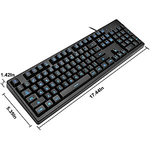 Basaltech Mechanical Feeling Keyboard with LED Backlit, 104-Key Quiet Membrane Keyboard for Gaming or Office, Ergonomic Silent Water-Resistant Light Up Wired USB for Computer,Mac,Laptop