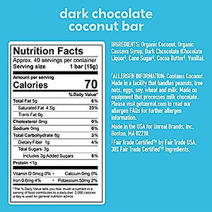 UNREAL Dark Chocolate Coconut Bars (40 Mini Bars) | Vegan, 3g Sugar, & 3 Simple Ingredients | Non-GMO, Gluten Free, & Fair Trade | .53oz each