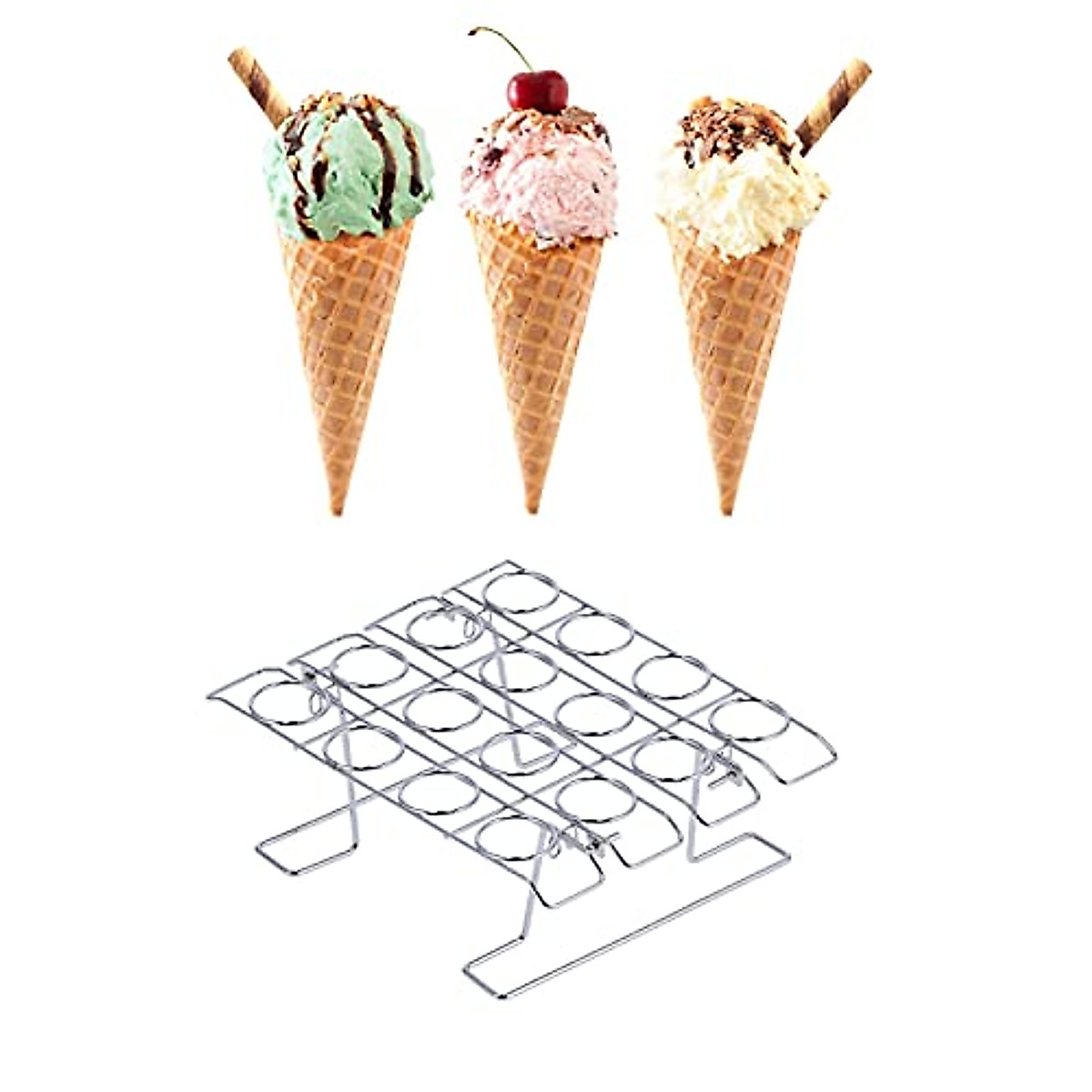 Ice Cream Cone Cupcake Baking Rack, 16 Cavities Stainless Steel Ice Cream Display Desktop Stand Tray DIY Cooling Rack for Kids Birthday Afternoon Tea Party