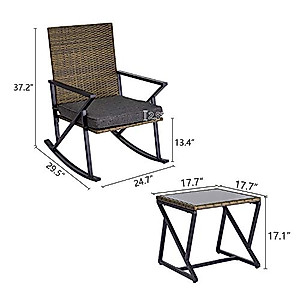 3-Piece Rattan Rocker Chair Outdoor Garden Bistro Set Rocking Chair Wicker Lounge with Cushion and Coffee Table (Dark Grey)