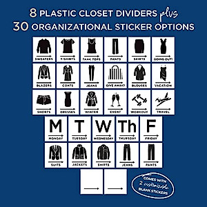 Closet Style Files Clothing Dividers - 8 Sturdy Plastic Clothing Dividers with 30 Organizational Sticker Options