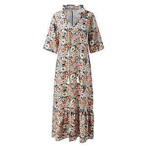 Cnebo New Women's Medium and Long Sleeve Dress with Tassels Wide Bohemian Print V Neck Sexy Summer Dresses for Women 2023 Khaki