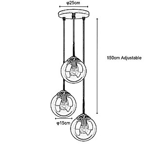 H XD GLOBAL Industrial Retro Loft 3 Way Pendant Light, Cluster Chandelier Hanging Lamp Fixture Brass Fittings with Glass Globe Lampshade (Grey)