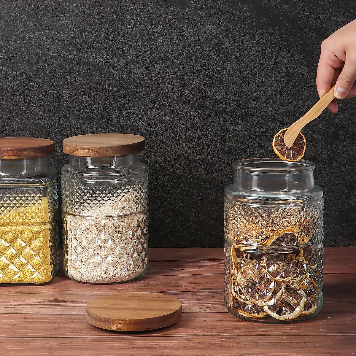 EkkoVla 60 FL OZ Large Glass Storage Jar, Set of 2 Glass Food Storage Containers with Wooden Lids, Kitchen Cereal Canisters Decorative Glass Jars with Airtight Lids for Candy Snack Nuts Coffee Tea