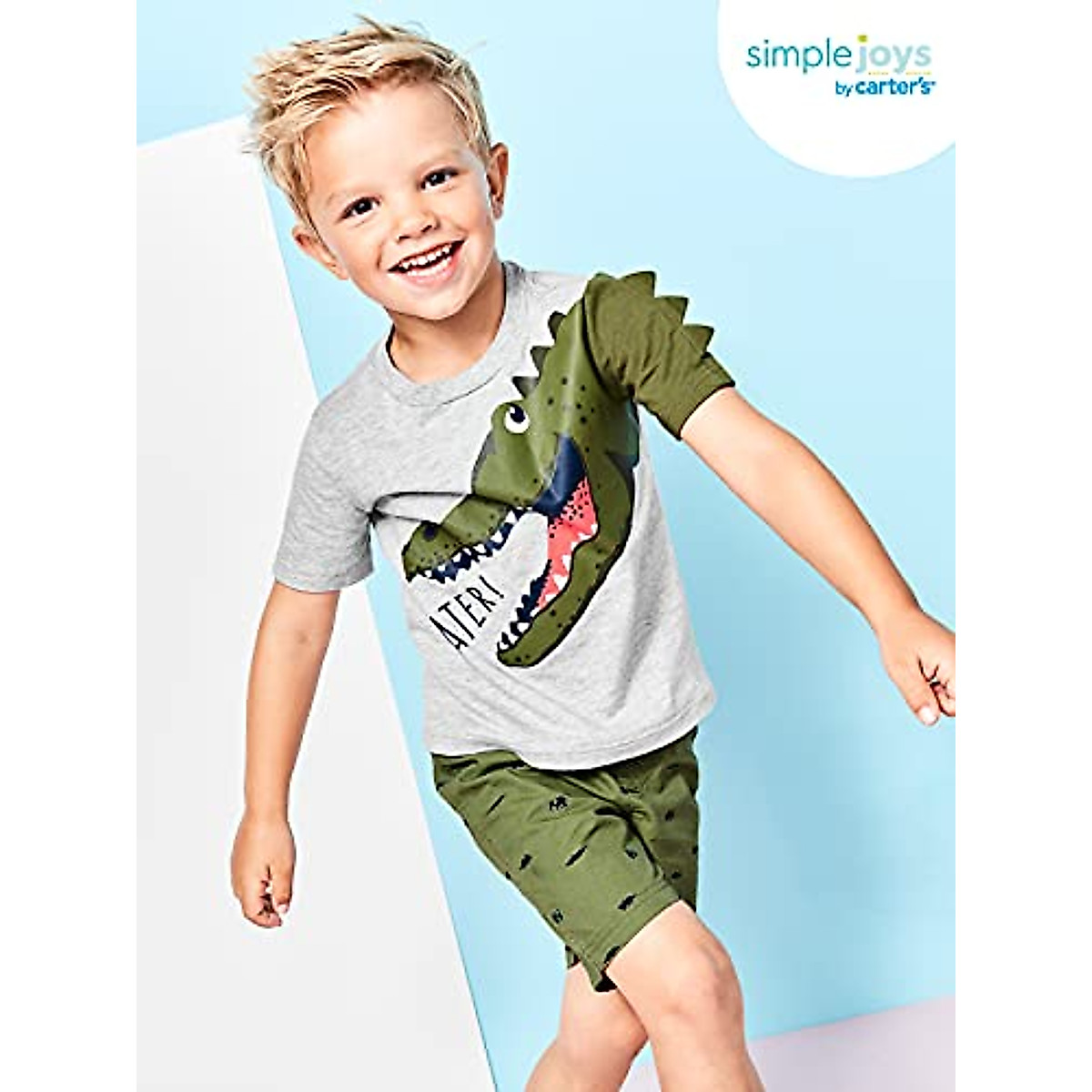 Simple Joys by Carter's Baby Boys' 3-Piece Button-Up, Shorts, and Tee Playwear Set, Green/Grey Alligator/Orange Elephant, 18 Months