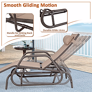 Tangkula Outdoor Glider Recliner Chair, Adjustable Backrest Patio Gliding Lounger Chair with Armrests and Pillow, Outdoor Swinging Rocking Chair w/Breathable Fabric for Poolside, Backyard (2, Brown)