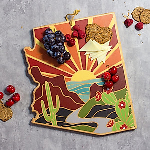 Totally Bamboo Arizona State Shaped Cutting Board and Charcuterie Serving Platter with Artwork by Summer Stokes, Includes Hang Tie for Wall Display