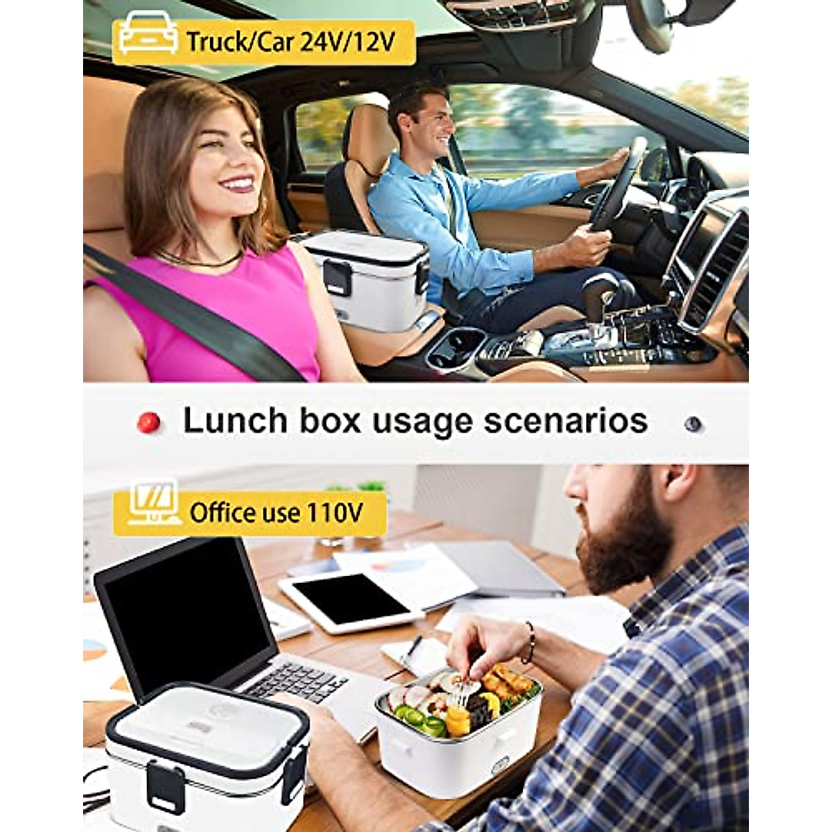 AUTOPkio Electric Lunch Box 1.8L, 12V 24V 110V Heated Lunchbox Food Warmer for Car Home Truck Driver Work, Removable Stainless Steel Container, Fork & Spoon (Grey)