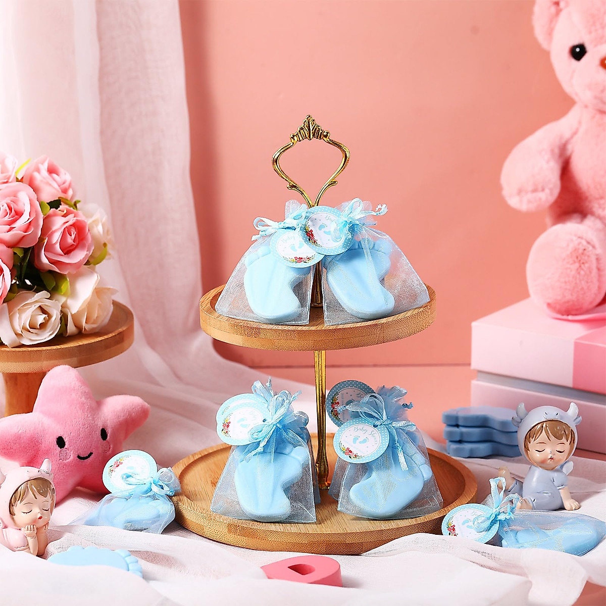Dimsile 50 Sets Baby Shower Favors, Handmade Baby Feet Scented Soap Party Favors for Guests Baby Shower Favors Soaps with Organza Bags Thanks Tags for Baby Shower Gifts Wedding Party Guests (Blue)
