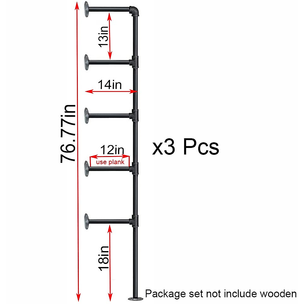 (77"Tall,14"Deep,3pcs) Industrial Retro Wall Mount Iron Pipe Shelf,DIY Open Bookshelf,Hung Bracket,Home Improvement Kitchen Shelves,Tool Utility Shelves, Office Shelves, pipe shelving