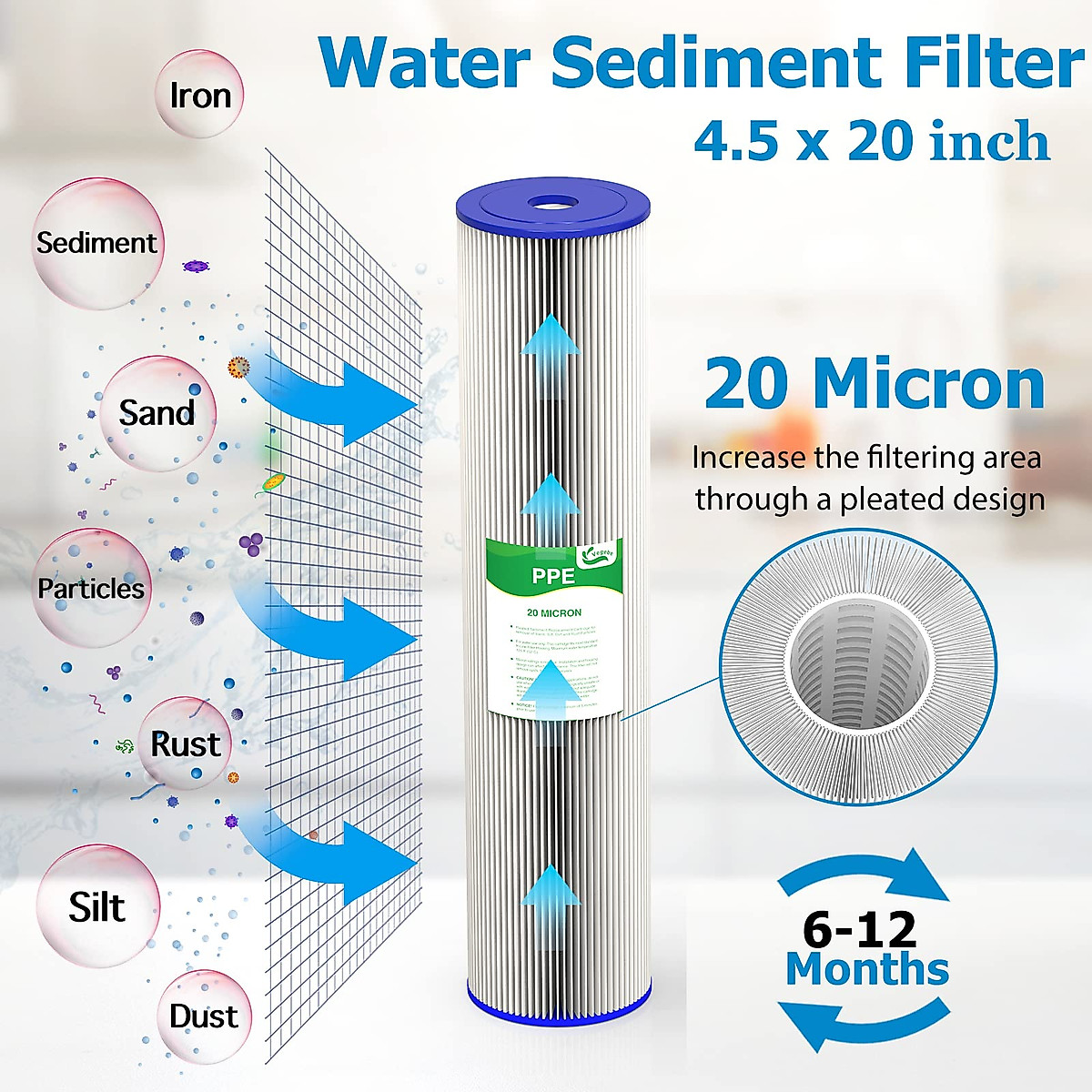VEGEBE 20 Micron 20-Inch Whole House Water Filter Replacement Cartridge, Pleated Sediment Water Filters 4.5" x 20" for Well Water, Compatible with ECP5-20BB, R30-20BB, S1-20BB, SPC-45-2020, 2 Pack