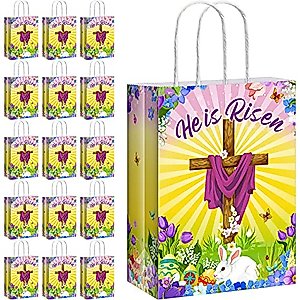 16 Pieces Easter Treat Bags Inspiring He Is Risen Sign Paper Gift Bags Cookie Egg Candy Goody Easter Bags with Double Handles for Easter Theme Bible School Party Favor