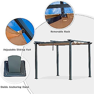 10'x10' Outdoor Retractable Pergola with Sun Shade Canopy, Heavy-Duty Aluminum Pergola Patio Modern Pergola with Retractable Canopy Sunshelter Pergola, Dark Grey+Khaki