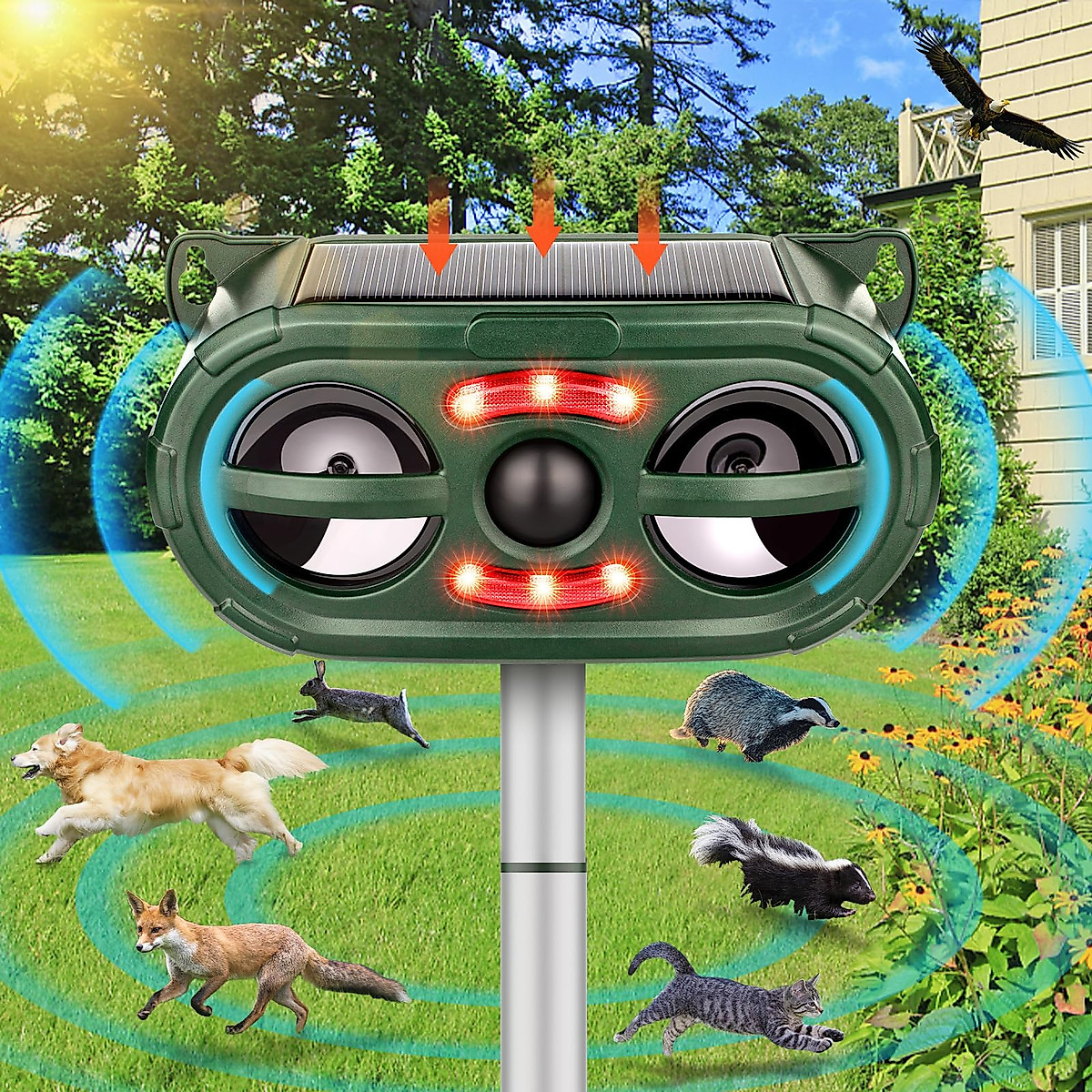 Solar Animal Repeller Outdoor,2024 Upgrade Cat Repeller Outdoor,Ultrasonic Squirrels Repellent Waterproof Dog Repeller,Deer Repellent Devices with Motion Sensor and Flashing Lights for Yard Garden