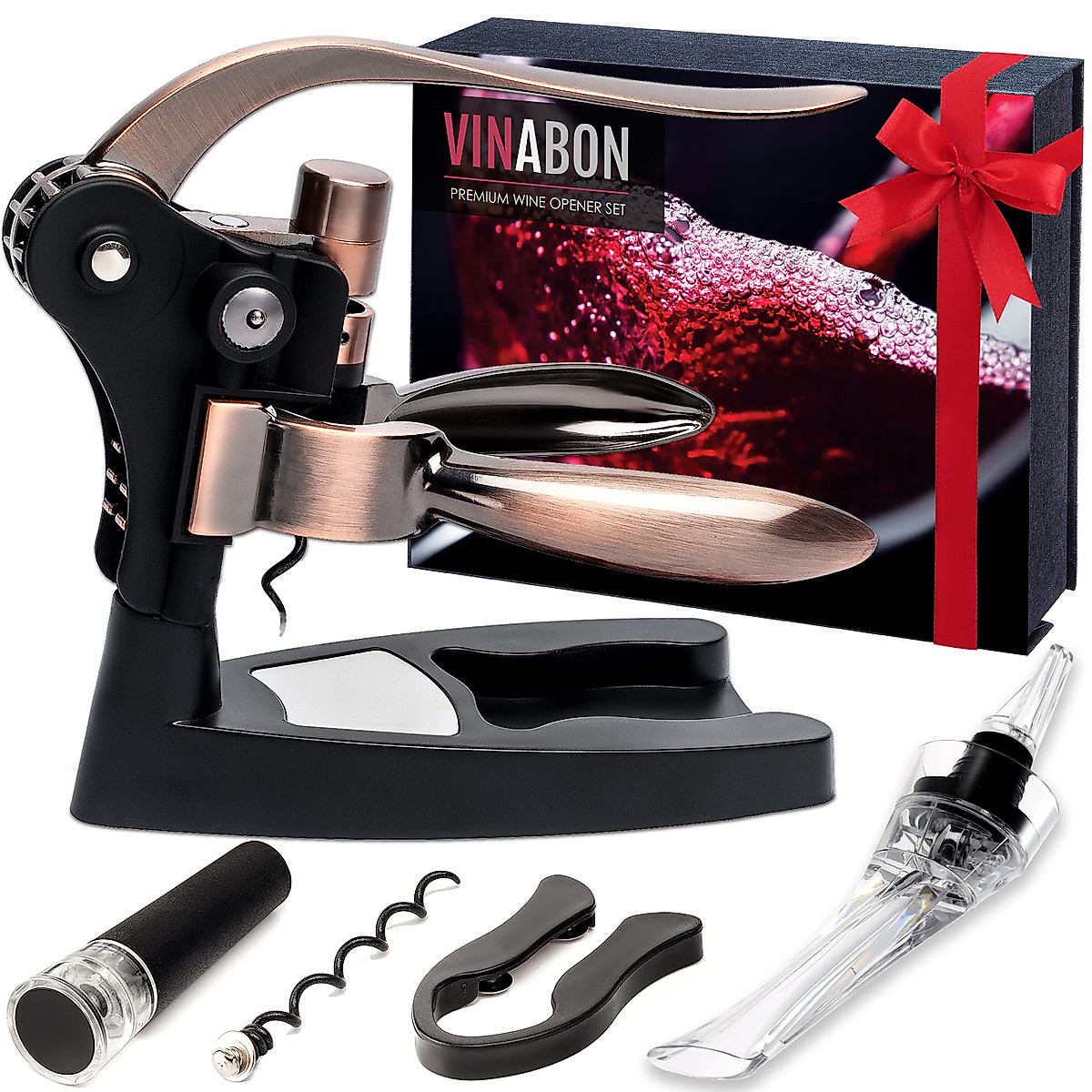VINABON Wine Opener Set - Premium All-in-One 6pcs Wine Bottle Opener Set with Wine Aerator, Foil Cutter, Stopper, Stand - Manual Lever Corkscrews Wine Opener for Wine Bottles with WineGuide eBook