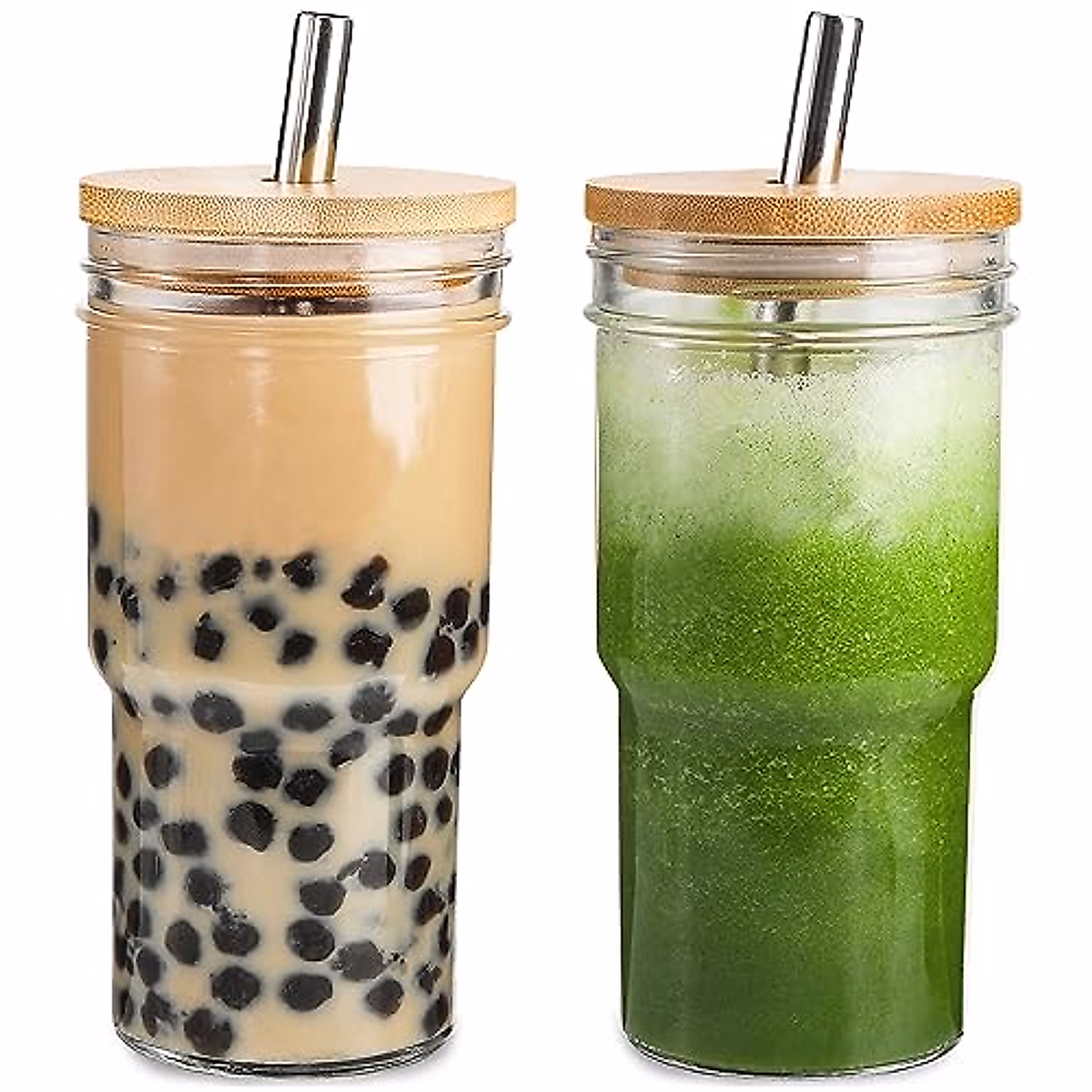 2Pack Glass Tumbler Cups with Bamboo Lids and Straws, 22oz Iced Coffee Cup Reusable Mason Jar Drinking Glasses for Boba Tea, Smoothie, juice, Beer, Fits Car Cup Holder