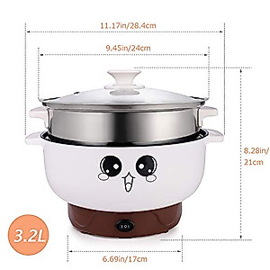 MINGPINHUIUS 4-in-1 Multifunction Electric Cooker Skillet Wok Electric Hot Pot For Cook Rice Fried Noodles Stew Soup Steamed Fish Boiled Egg Small Non-stick with Lid (3.2L, with Steamer)