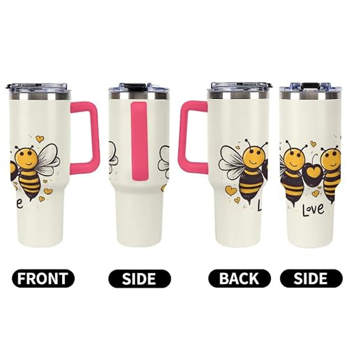 FHENMSA 40 Oz Insulated Coffee Mug Tumbler with Handle,Bee Love Honey Print Insulated Tumbler,Stainless Steel Travel Mug with Lid And Straw
