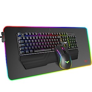 Havit Mechanical Keyboard and Mouse Combo RGB Gaming 104 Keys Blue Switches Wired USB Keyboards with Detachable Wrist Rest, Programmable Mouse, RGB Large Gaming Mouse Pad for PC Gamer Computer Desktop