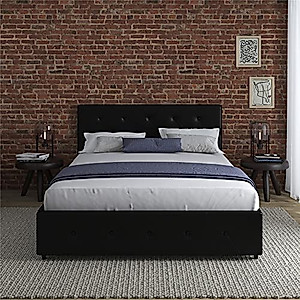 DHP Dakota Upholstered Platform Bed with Underbed Storage Drawers and Diamond Button Tufted Headboard and Footboard, No Box Spring Needed, Queen, Black Faux Leather