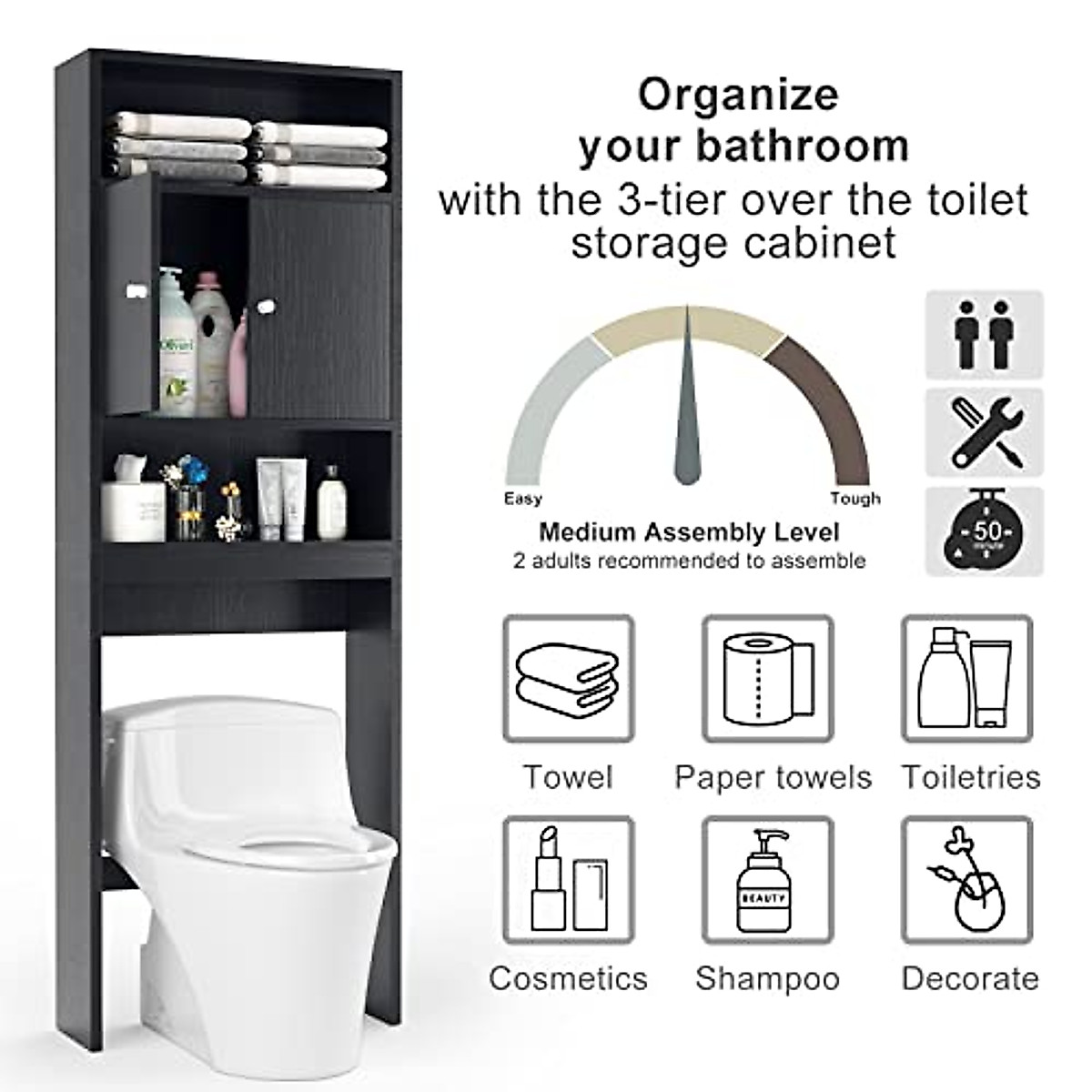 Hcman Over The Toilet Storage Cabinet - 77" H Over Toilet Bathroom Cabinet Organizer with Open Shelves and Double Doors, Black