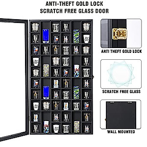 Shot Glass Display Case Large Wooden Cabinet Rack Holder Wall Mounted Black Shadow Box Lockable with UV Protection Acrylic Glass Door Shot Glass Storage Case with Removable Shelves, 17"x32", 52 Slots