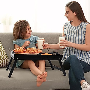 TURSTIN 2 Packs Bed Tray Bamboo Bed Trays Table with Folding Legs Breakfast in Bed Portable Food Serving Lap Tray with Handles for Eating Snack Laptop Working Bed Sofa Kitchen Bedroom, Black