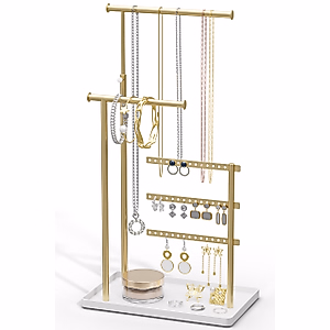 susswiff Jewelry Holder Organizer Stand - Adjustable Tall 17.5" (Max), Sturdy Jewelry Hanger for Necklaces, Earrings, Bracelets, Rings, Jewlery Display and Storage, Gold and White, Metal