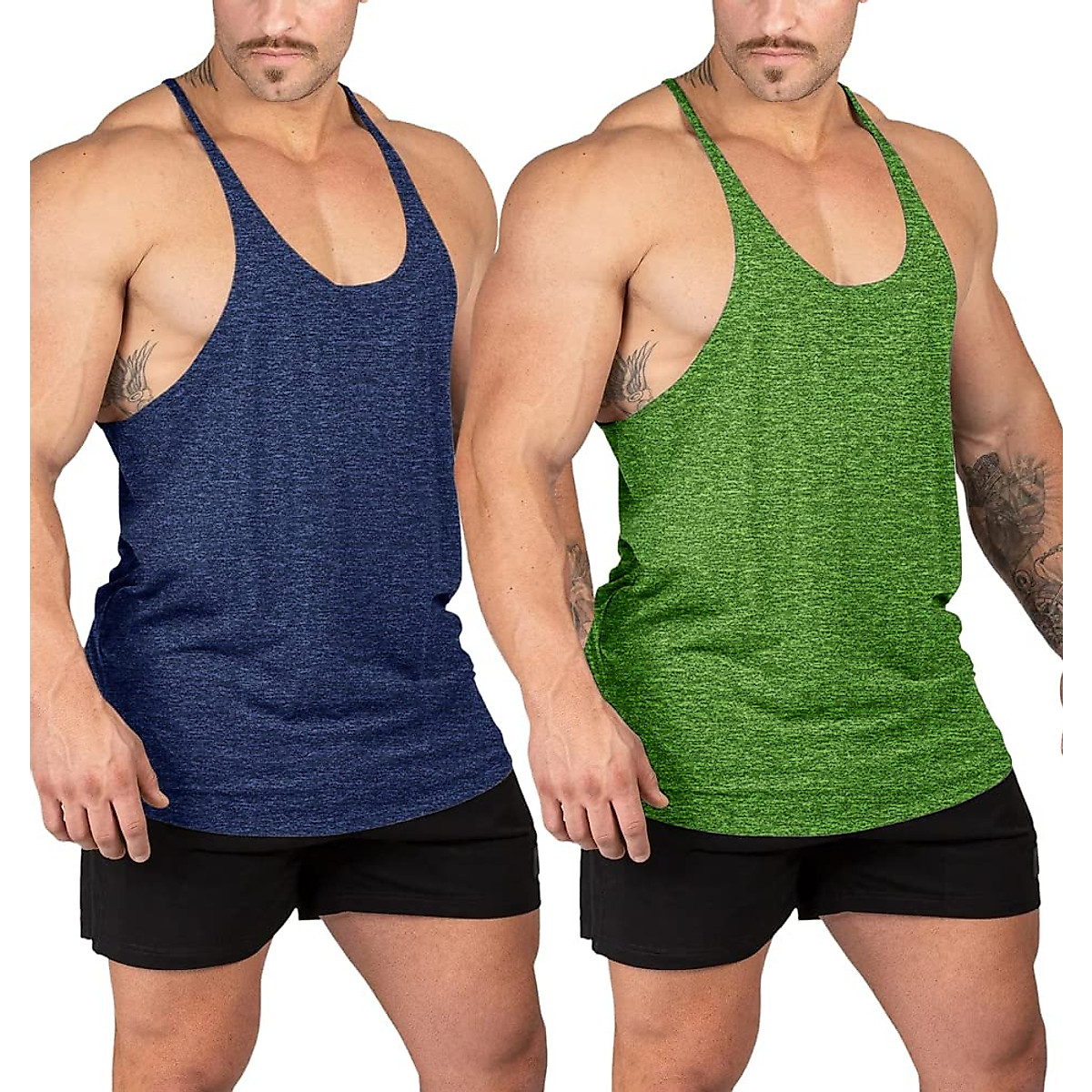 Aitrepeo Stringer Bodybuilding Tank Tops Low Cut Off Gym Workout Training Stretch Polyester Quick Dry T Shirts/Green/Blue/S