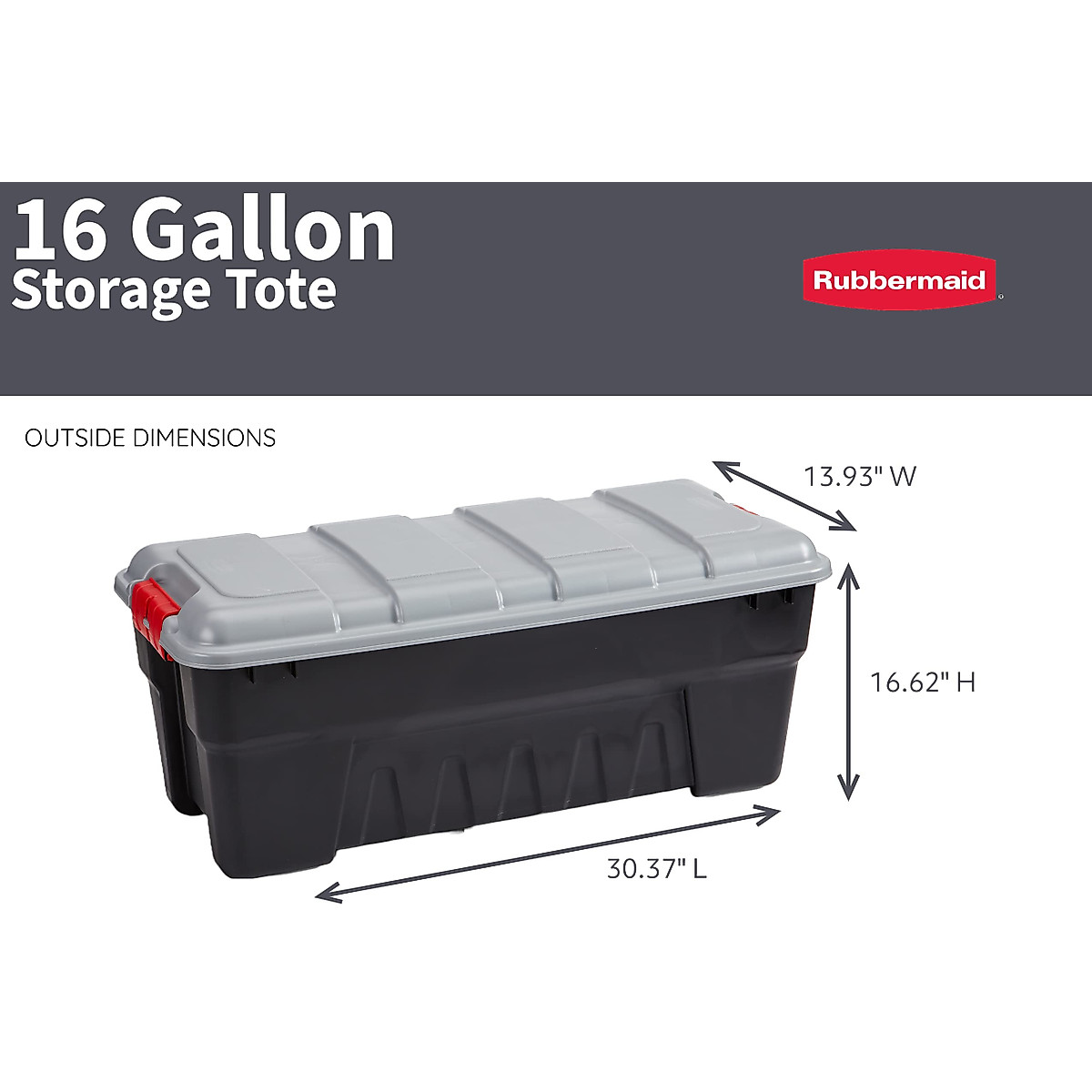 Rubbermaid Pack & Go 16 Gal Storage Tote, Durable Design and Easy to Transport, Built-In Handles, Tie Down Channels and Lockable Snap Tight Lid, Black Base with Gray Lid and Red Handles, Pack of 3
