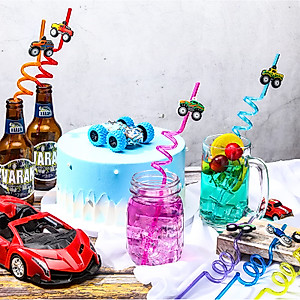 24 Pcs Truck Themed Straws 6 Styles Crazy Straws Reusable Colorful Twisty Plastic Drinking Straws Truck Birthday Party Race Car Party Supplies Baby Shower Favors for Kids Boys