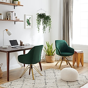 Volans Swivel Accent Chair, Mid Century Modern Desk Chair No Wheels, Upholstered Swivel Office Chair with Hollow Brushed Gold Plated Legs Office Chair for Living Room, Dining Room, Green Black