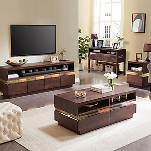 T4TREAM 48" LED Coffee Table with Storage, Modern Center Table with LED Lights & Power Strip, Coffee Table with Drawers for Living Room, Easy Assembly, Dark Walnut