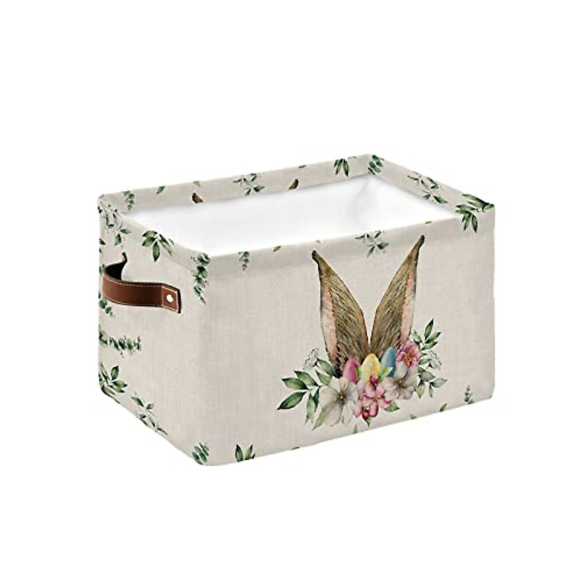 Easter Storage Bins with Handles, Rabbit Ears Eucalyptus Leaves Flower Burlap Storage Basket for Shelves, Cube Storage Organizer Bins for Toys, Closet (1 Pack, 15" x 11" x 9.5")