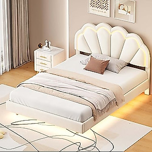 Novaris Full Size Velvet Upholstered Platform Bed Frame with Elegant Flowers Headboard, Modern Floating Platform Bed with Smart LED/Wooden Slats Support/Easy Assemble for Bedroom Girls, Beige