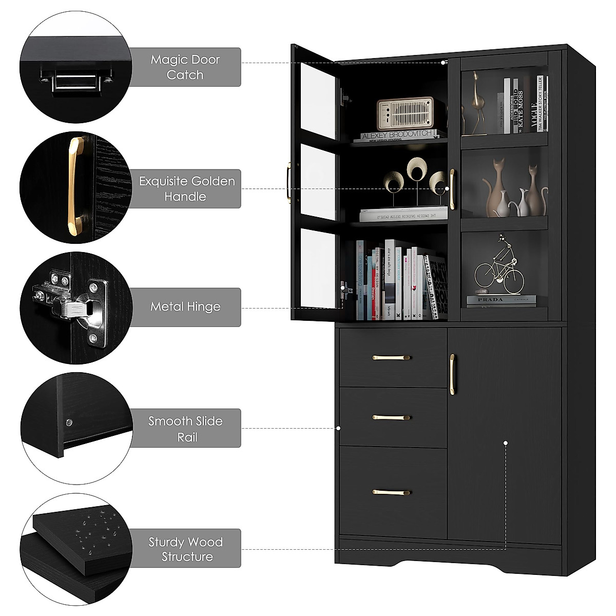 HIFIT 2 Pack Tall Bookshelves and Bookcases with Glass Display Cabinet Doors and 3 Drawers, Floor Standing Wood Storage Cabinet with Shelves, Modern Cabinet for Home Office, Living Room, Study, Black