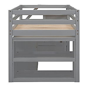Loft Bed and 3 Drawers, Wooden Loft Bed with Storage Stairs and Shelves, Gray