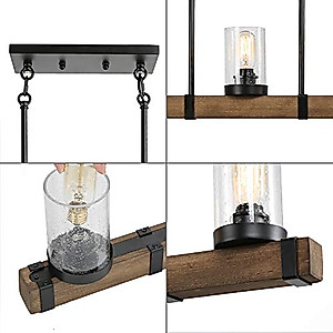 Farmhouse Chandeliers for Dining Room, 5-Light Kitchen Island Lighting, Rectangle Wood Chandeliers with Seedy Glass Shades