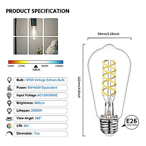 Dimmable LED Edison Bulbs,6W Equivalent to 60W Vintage Light Bulb, E26 5000K ST58/ST19 LED Bulbs, Antique Flexible Spiral LED Filament Light Bulbs, Clear Plastic Screw Lamp - 12Pack