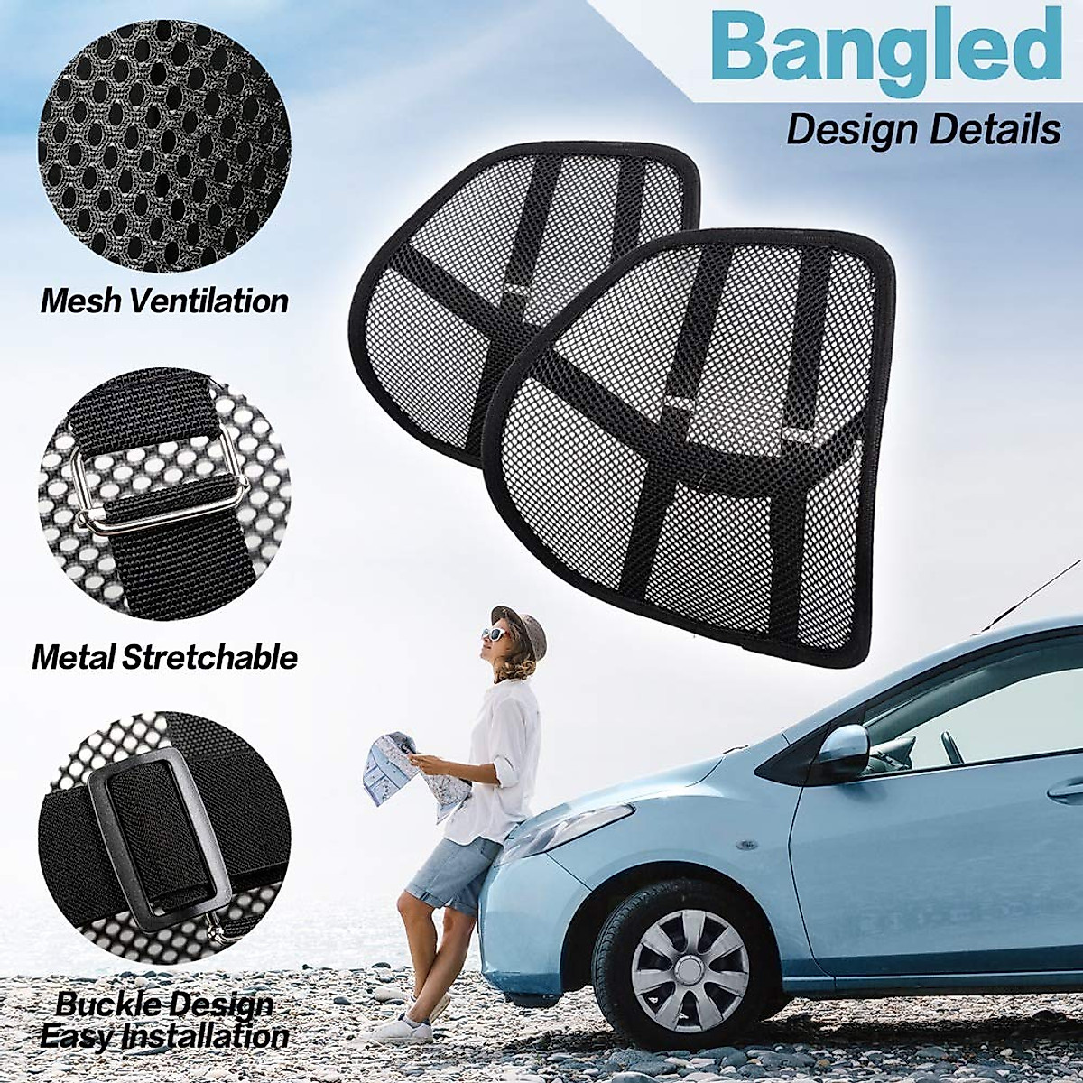 Bangled Lumbar Support, Car Lumbar Support with Double Breathable Mesh, Back Lumbar Support for Car and Office Chair (Black 2 Pack)