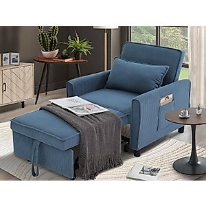 SEJOV Convertible Sofa Bed, 3 in 1 Couch Pull-Out Bed, Loveseat Sleeper Sofa Bed with 3 Adjustable Backrest, Recliner with Throw Pillow, Small Space for Living Room, Apartment, Bedroom, Blue