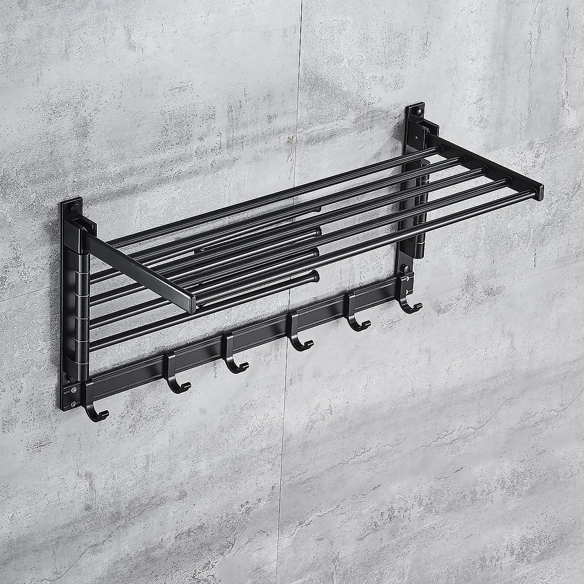 Towel Rack with 7 Towel Bar Holder Foldable Towel Shelf with Movable Hooks Wall Mounted Lavatory Towel Organizer Space Saving Towel Holder Black