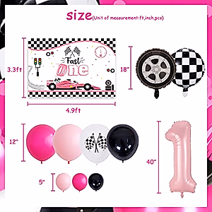 72Pcs Racing Car Theme Birthday Party Decorations for Girls, Pink Racing 1st Birthday Decoration, Fast One Backdrop Pink Black Balloon Garland Kit for children Race Car 1st Birthday Party Supplies