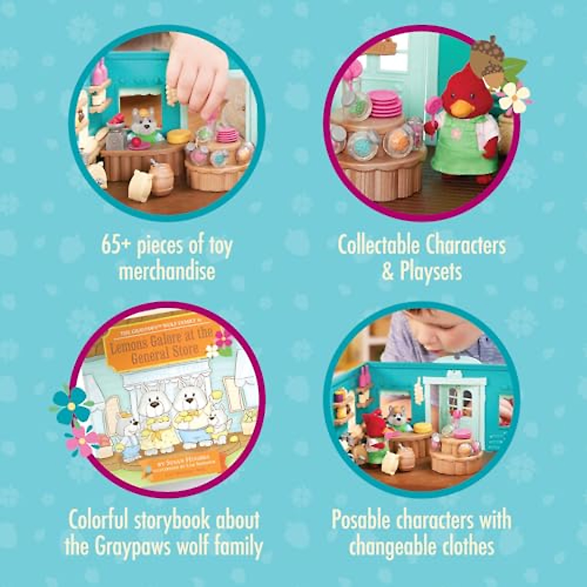 Li'l Woodzeez – General Store Dollhouse Playset 72Pcs – 2 Posable Doll Figures & 1 Storybook Included – Miniature Furnitures & Accessories – Stackable Playset for Kids 3+