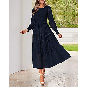 BTFBM Casual Women's 2023 Fall Dresses Elegant Wedding Guest Dress Long Sleeve Floral Midi Dress Flowy Bohemian Long Dress(Navy,Large)